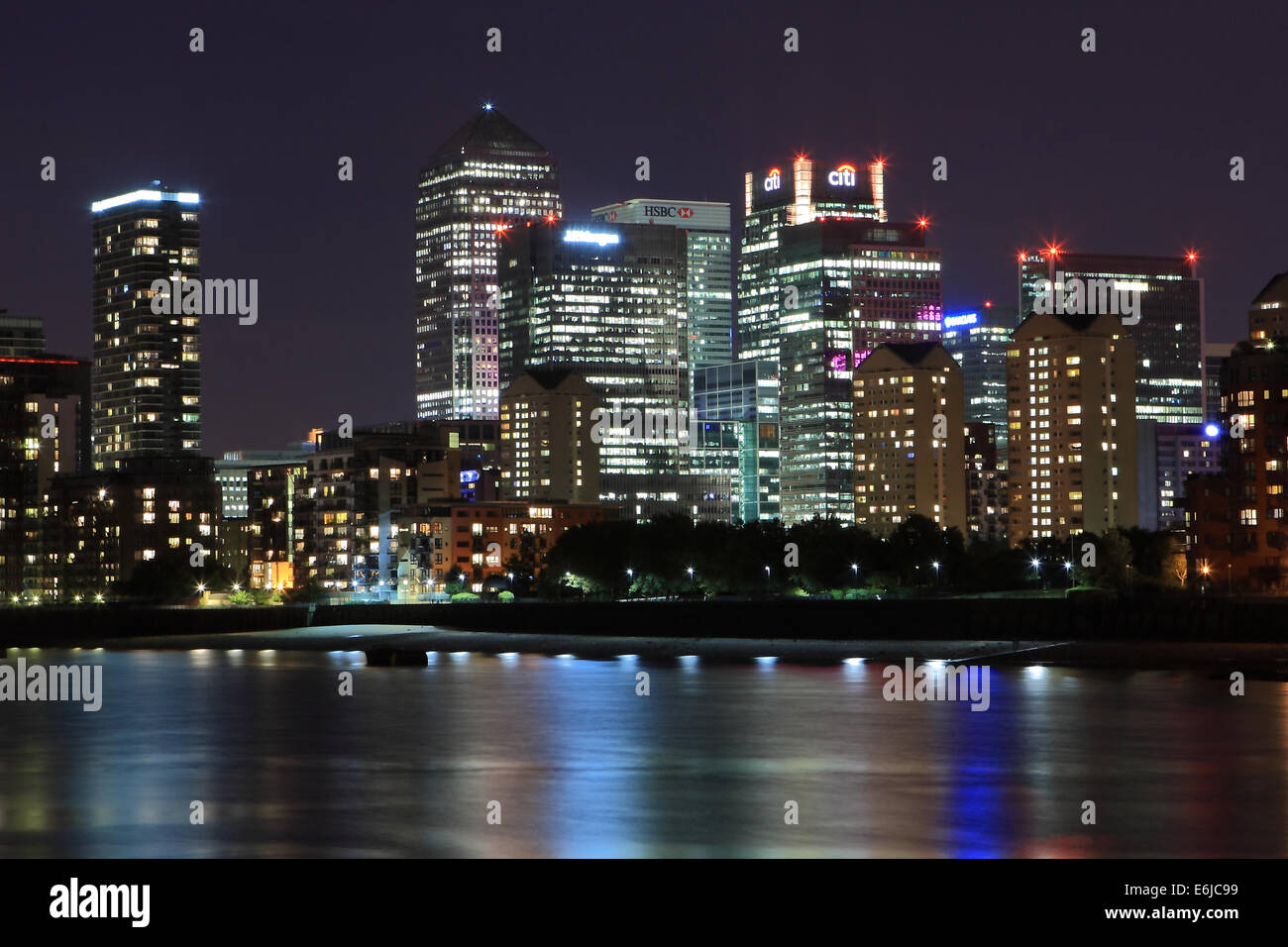 Canary Wharf Docklands London England nightscape with light reflection ...