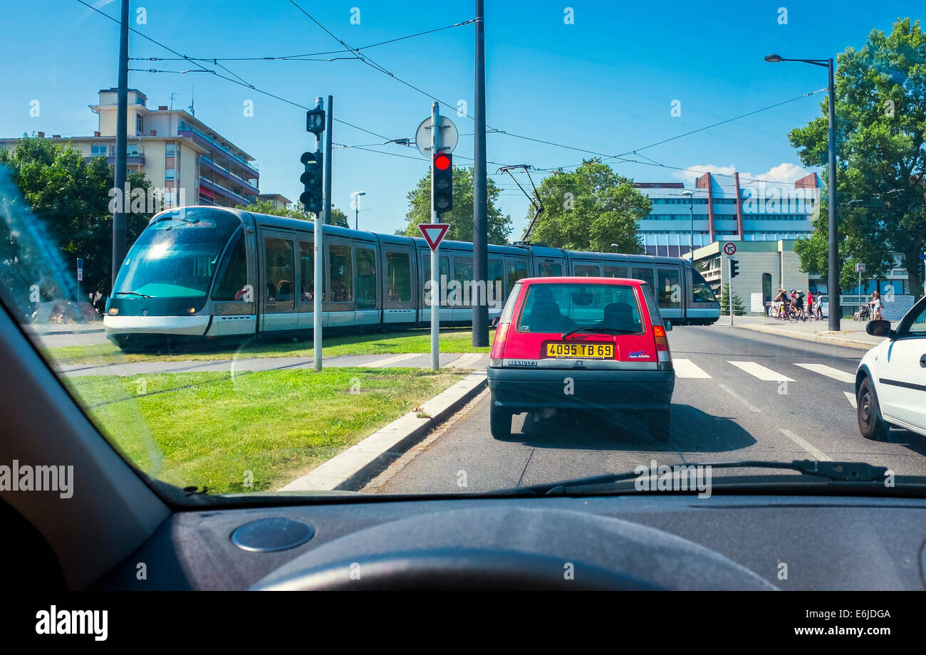 Driver view of cars traffic and tram Strasbourg Alsace France Stock ...