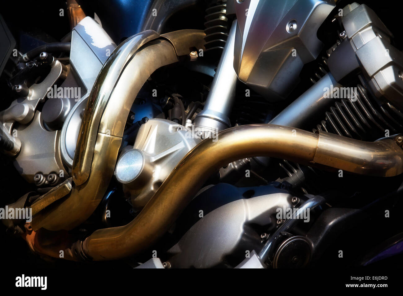 Motorcycle engine, metalic background with exhaust pipes Stock Photo ...