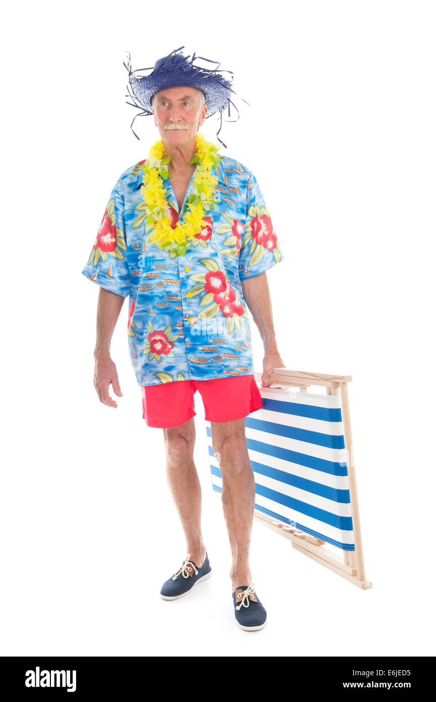 Retired man on vacation with beach chair isolated over white background ...