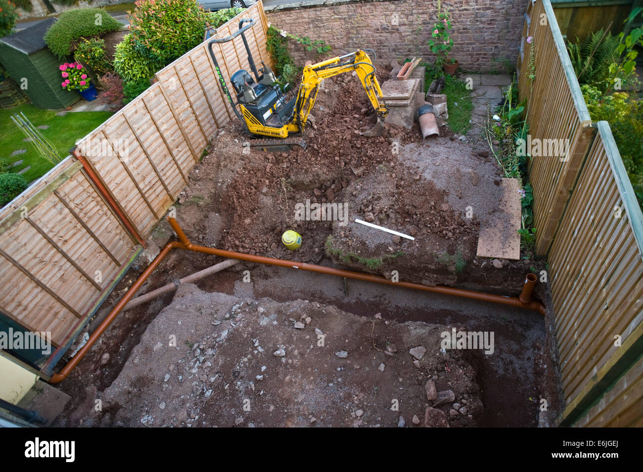 Dug foundations showing drainage of house extension at Hay-on-Wye Powys ...