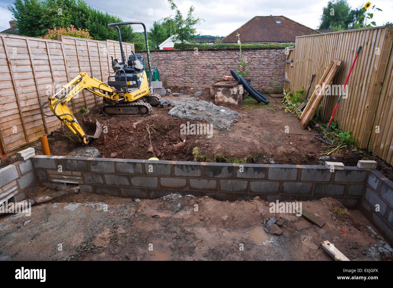 Foundation block walls laid for new house extension Hay-on-Wye Powys ...