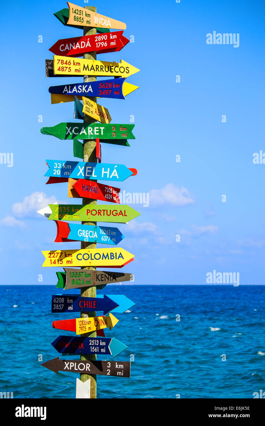 Funny direction signpost with distance to many different countries on ...