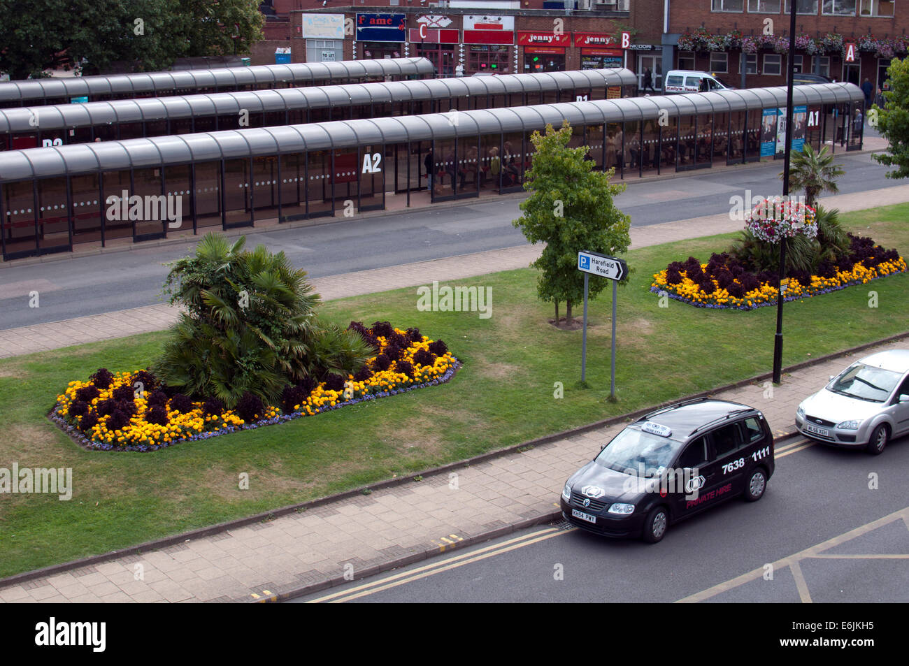 The bus station and flowerbeds in Harefield Road, Nuneaton town centre ...