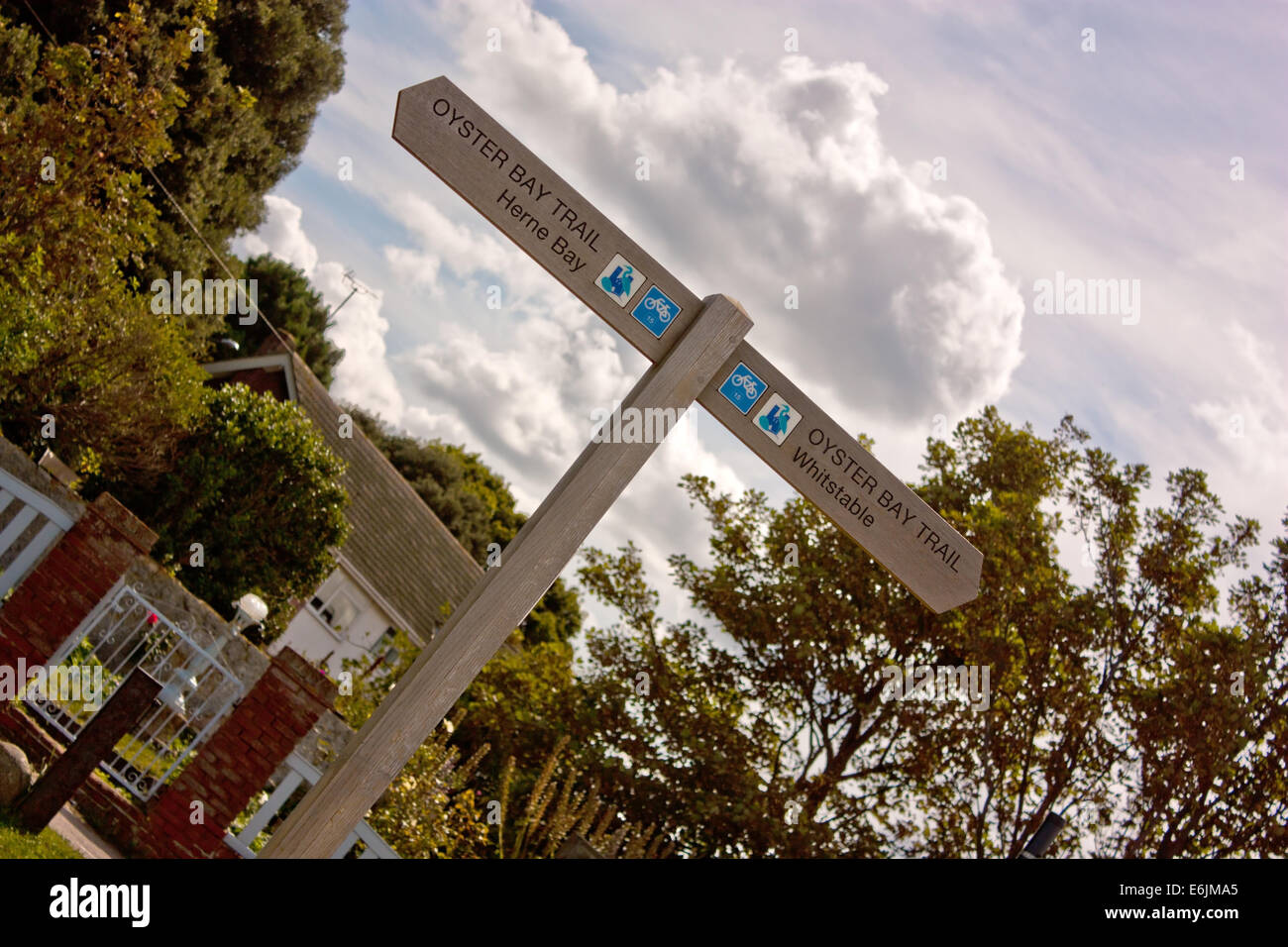 A sign showing the oyster bay trail from Herne bay to Whitstable Stock ...