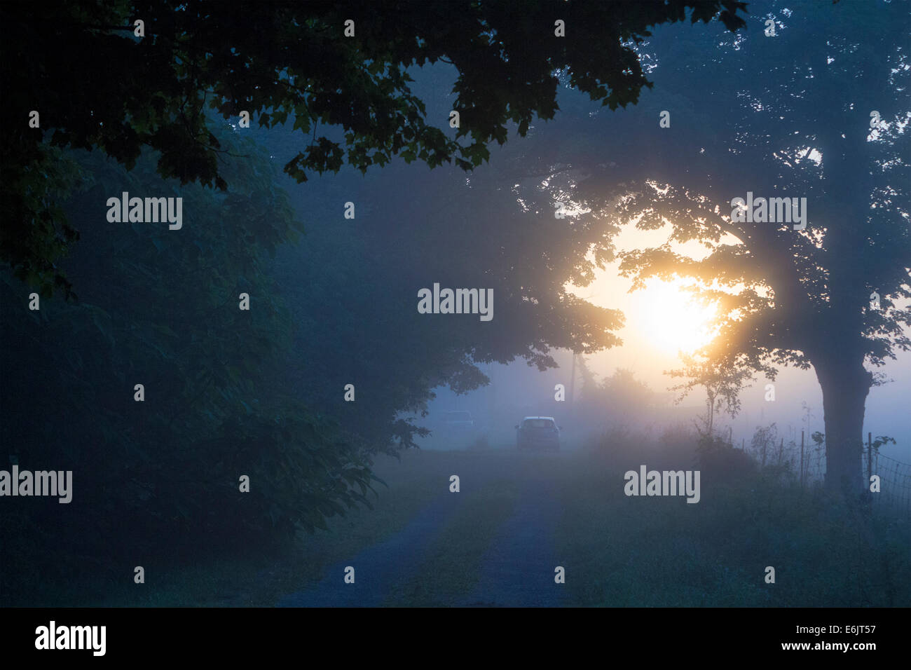 Early morning sunrise over a farm with the sun streaming out behind a ...