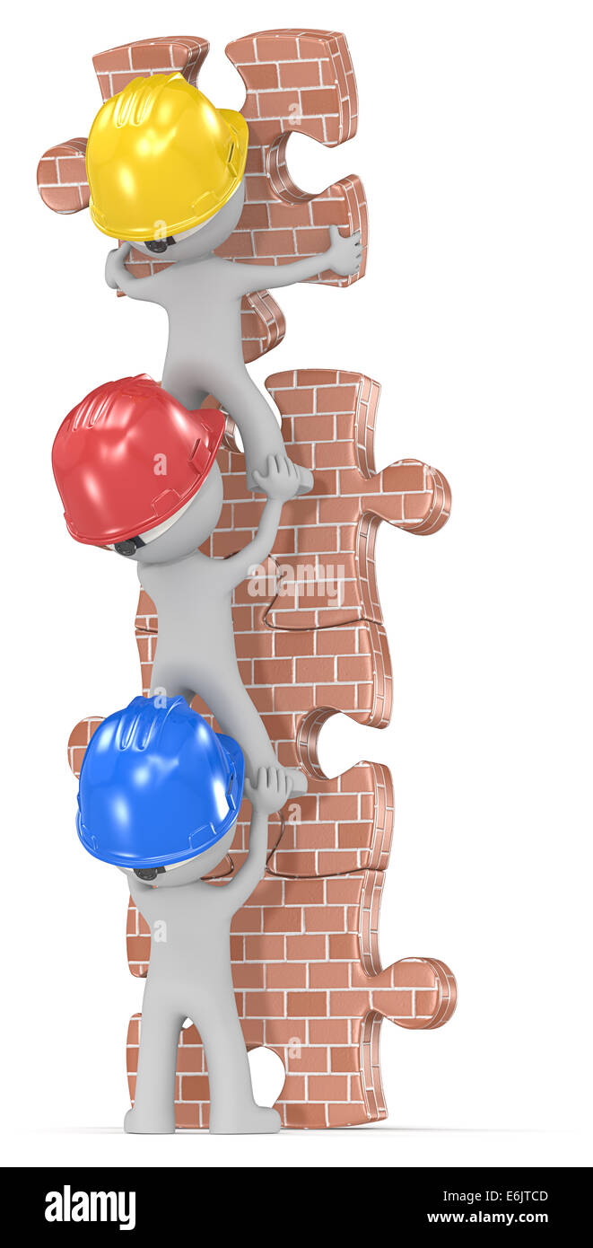 Dude the builders x 3 building brick wall puzzle tower Stock Photo - Alamy