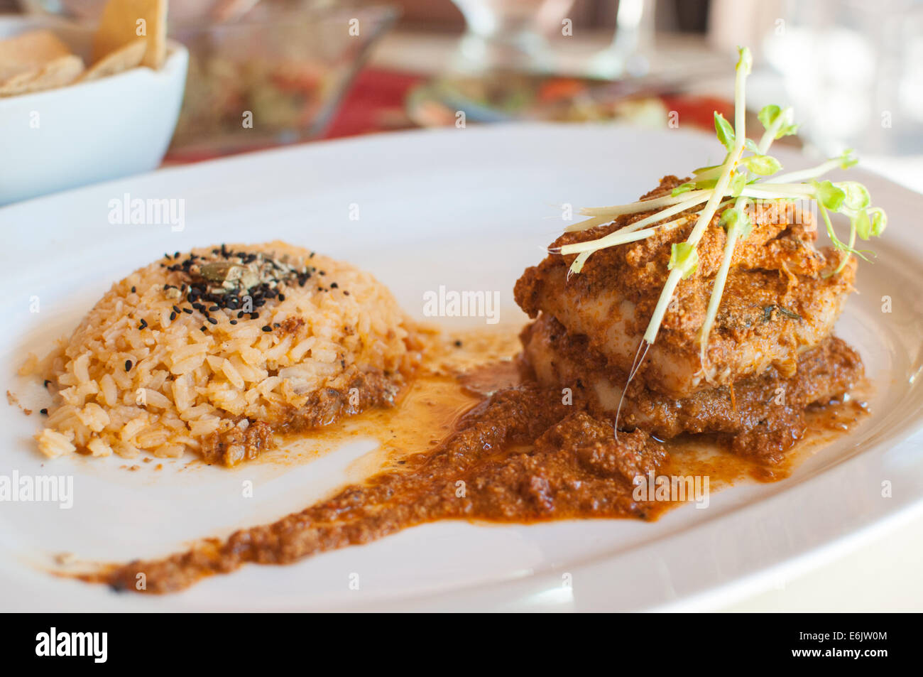 Mexican food, fish with chile and rice Stock Photo - Alamy