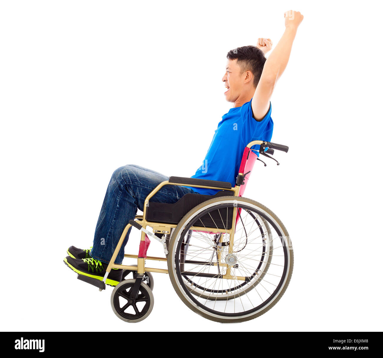 handicapped man sitting on a wheelchair and shouting Stock Photo - Alamy