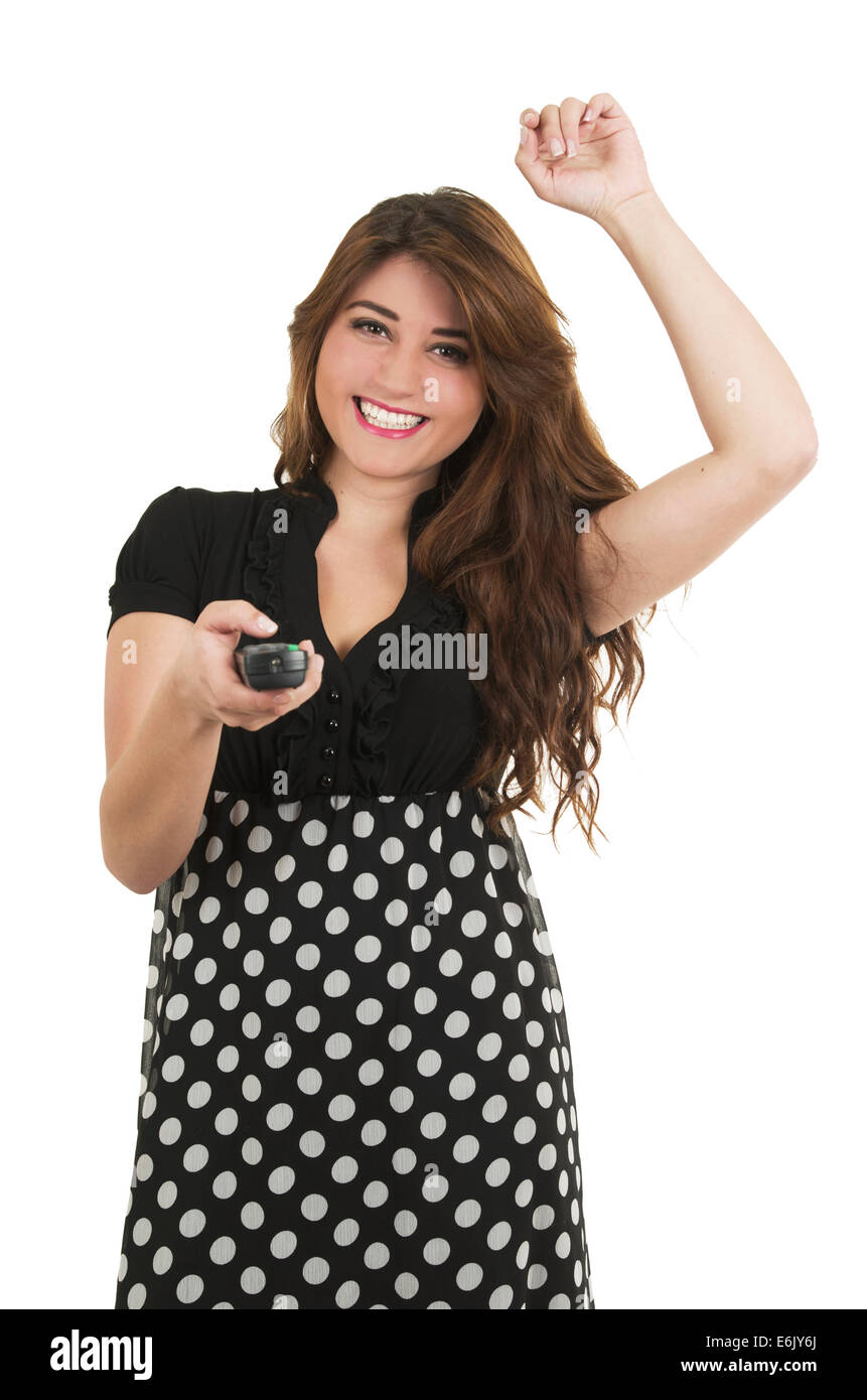Woman pointing remote control hi-res stock photography and images - Alamy