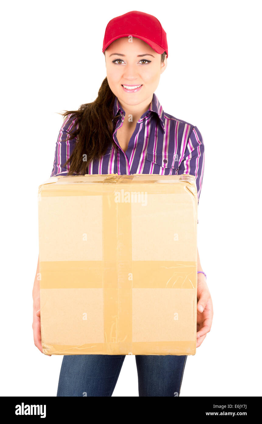 Young happy beautiful delivery girl carrying cardboard box Stock Photo ...