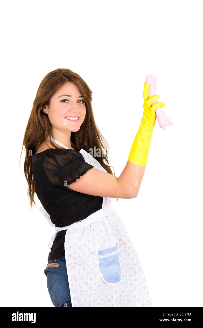 Pretty young brunette girl cleaning Stock Photo - Alamy