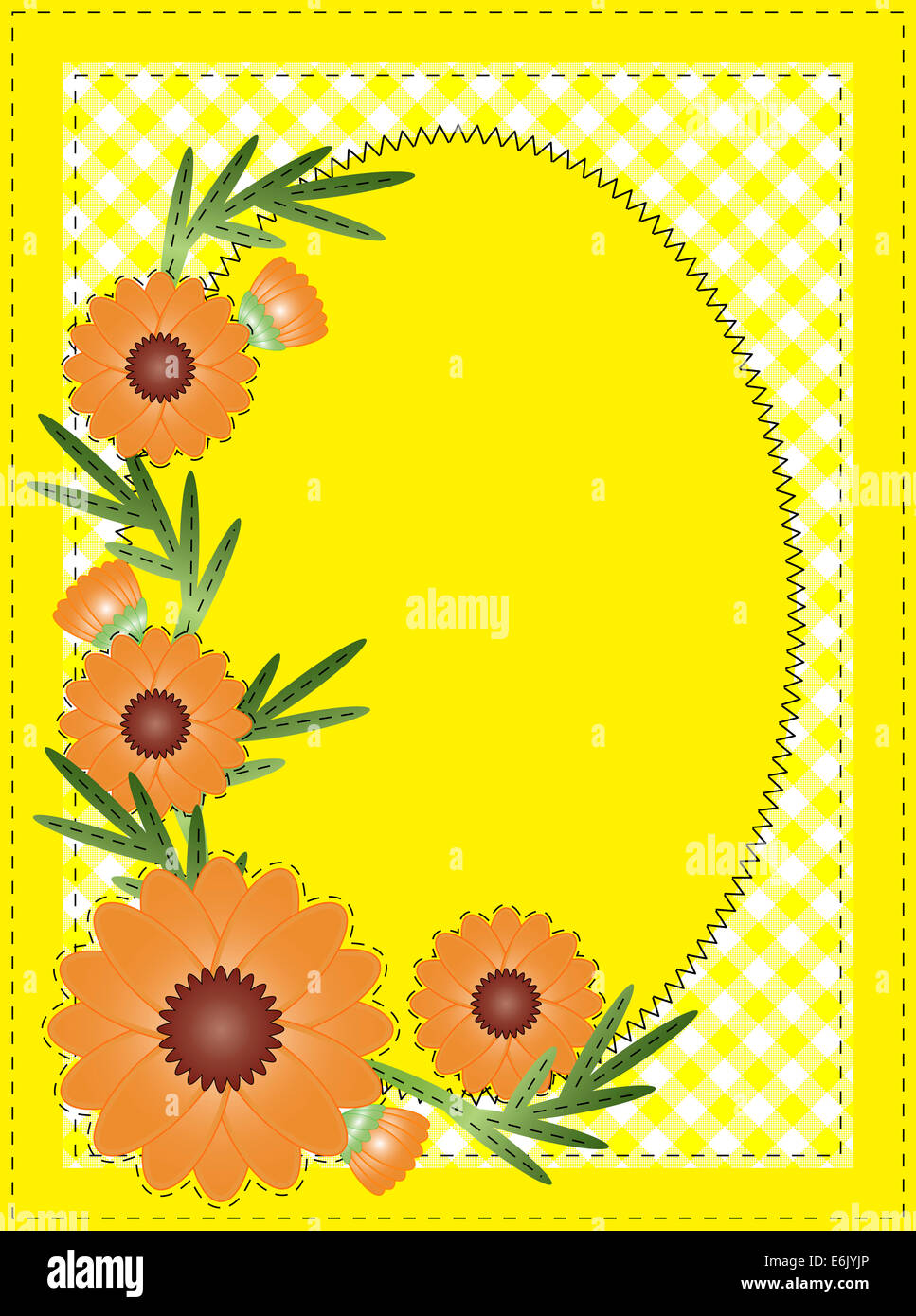 Jpg Yellow oval copy space with gingham and orange flowers border or ...