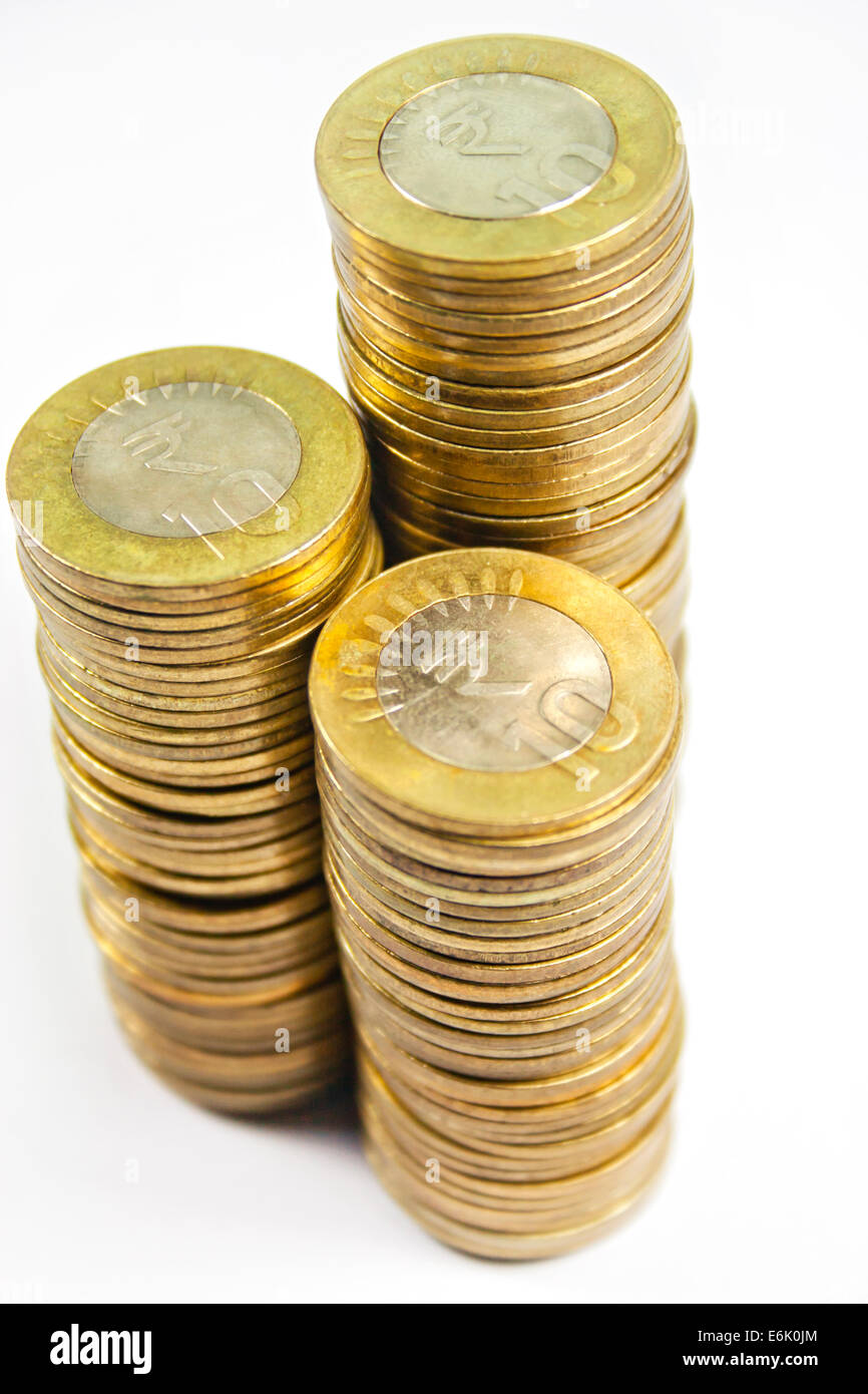 Close-up of stacks of Indian coins of different denominations Stock ...