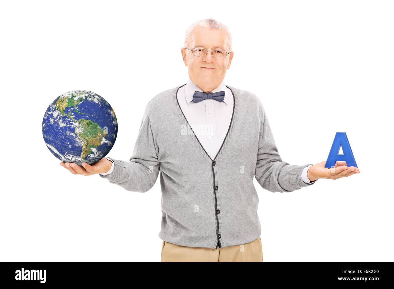 Geography professor holding a globe and a letter isolated on white ...