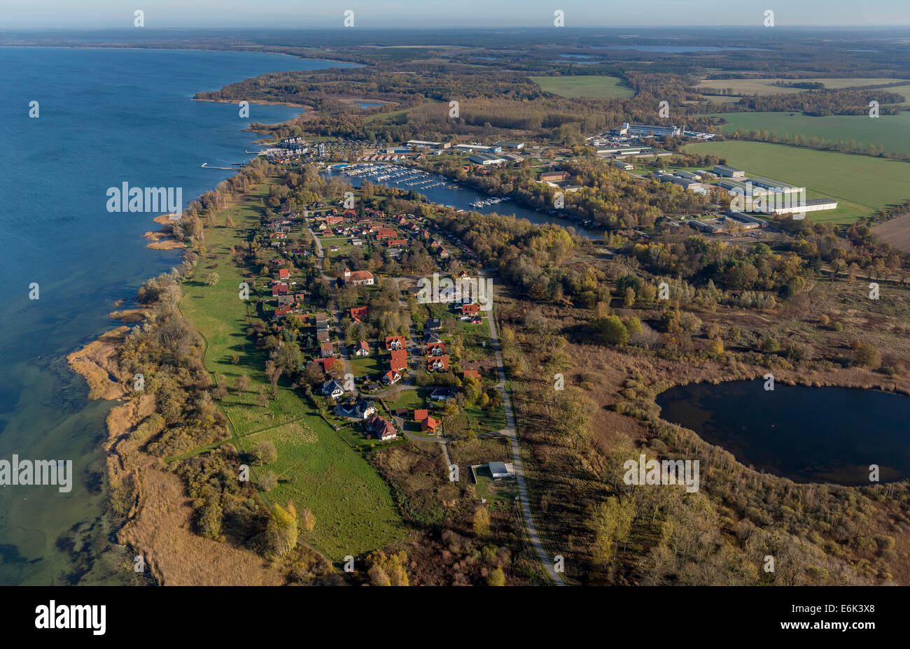 Aerial view, Rechlin-Nord with harbor village and marina, branch canal ...