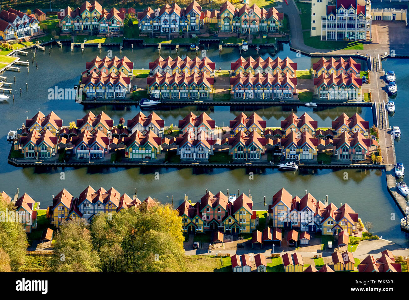 Aerial view, holiday homes with moorings, Rheinsberg Marina, Rheinsberg ...