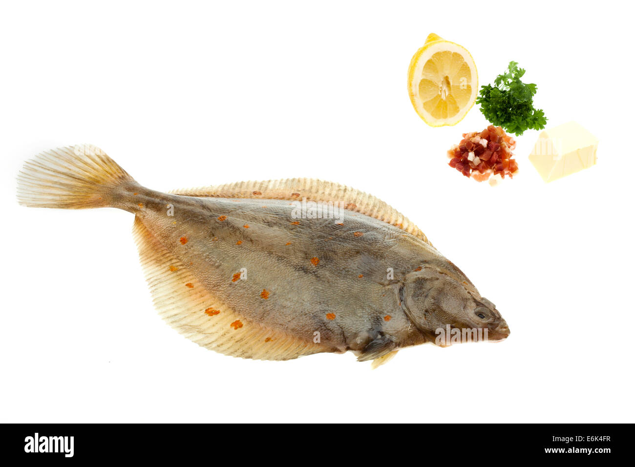 Plaice with butter, bacon, parsley and lemon, ingredients for the dish ...