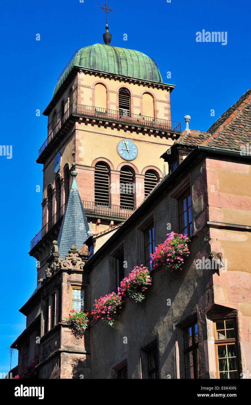 Bell tower of the Church of Sainte-Croix, Kaysersberg, Alsace, Haut ...