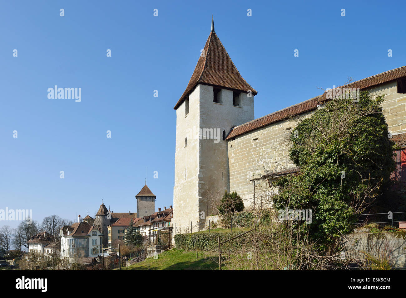 Hexenturm or Roter Turm on the city wall, Murten, Canton of Fribourg ...
