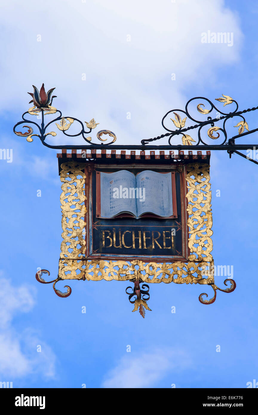 Hanging sign of a library, Wangen, Allgäu, Bavaria, Germany Stock Photo ...