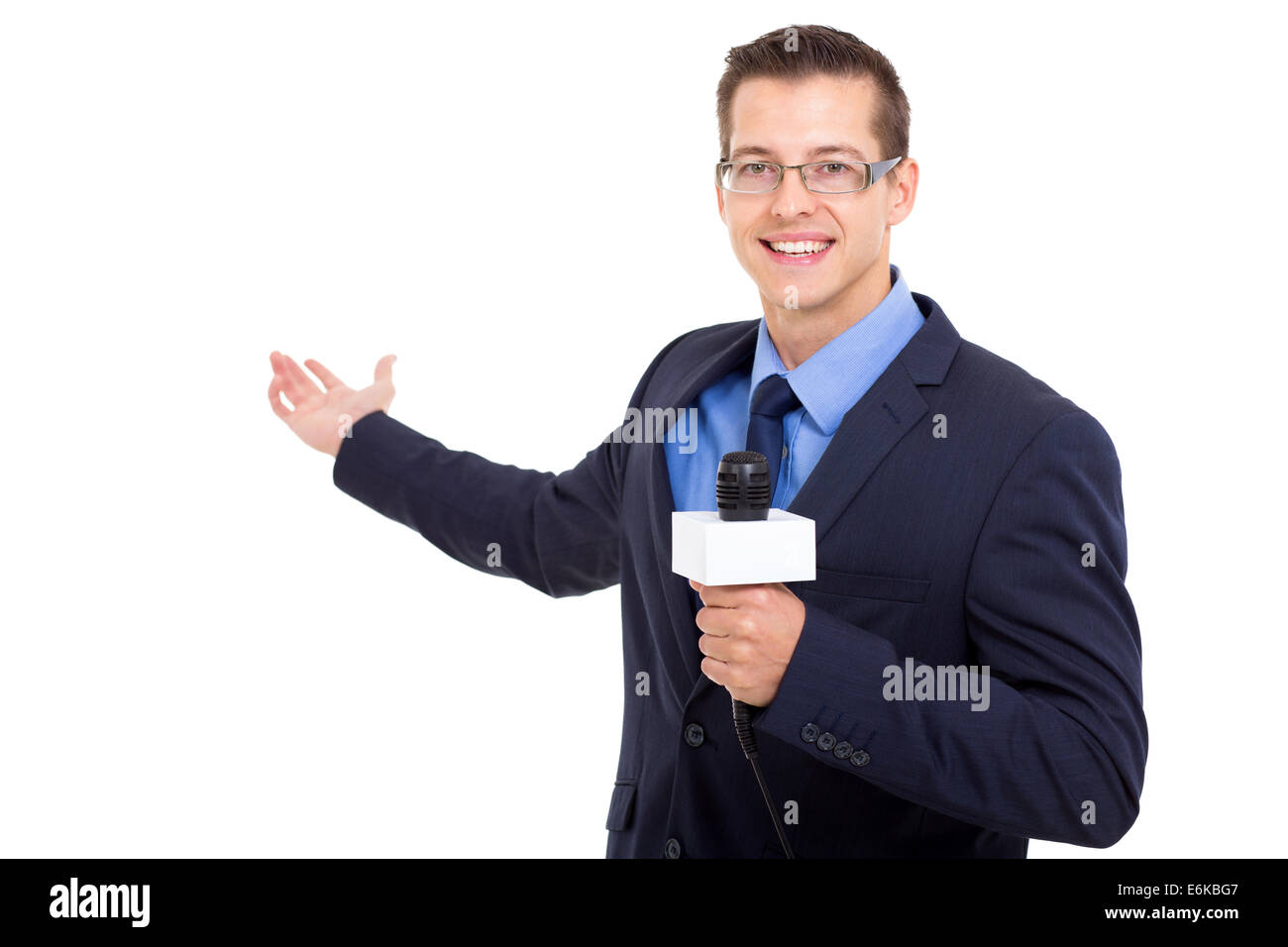 handsome news journalist reporting isolated on white Stock Photo - Alamy
