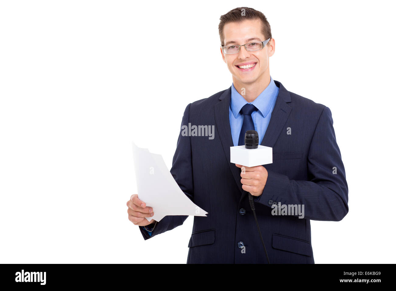 handsome newsreader reading the news over white background Stock Photo ...