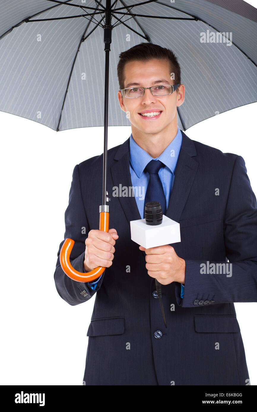 weather news reporter with umbrella isolated on white background Stock ...