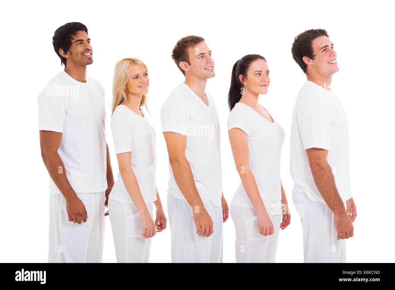 group of happy people in a row looking away over white background Stock ...