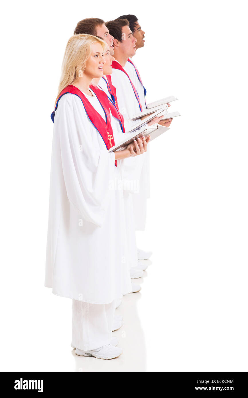 group of church choir singers with hymnal on white background Stock ...