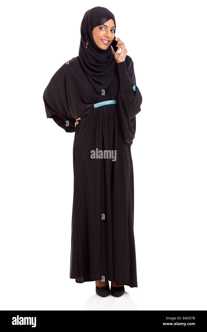 pretty Arabian woman using cell phone isolated on white Stock Photo - Alamy