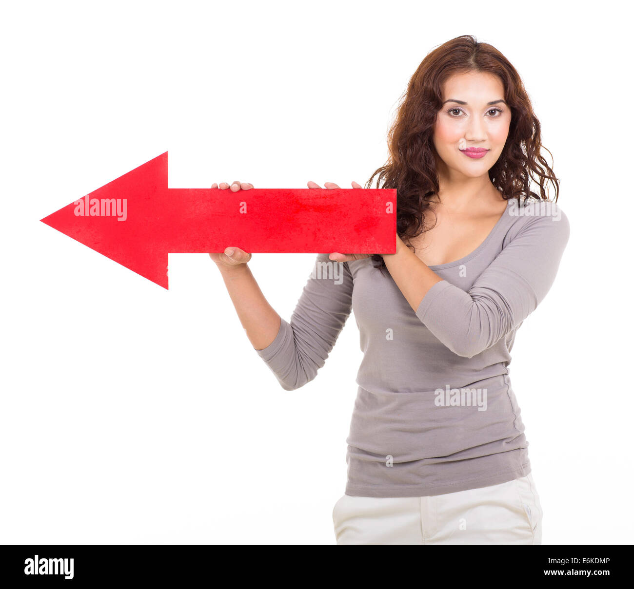 portrait of pretty businesswoman with direction arrow sign Stock Photo ...