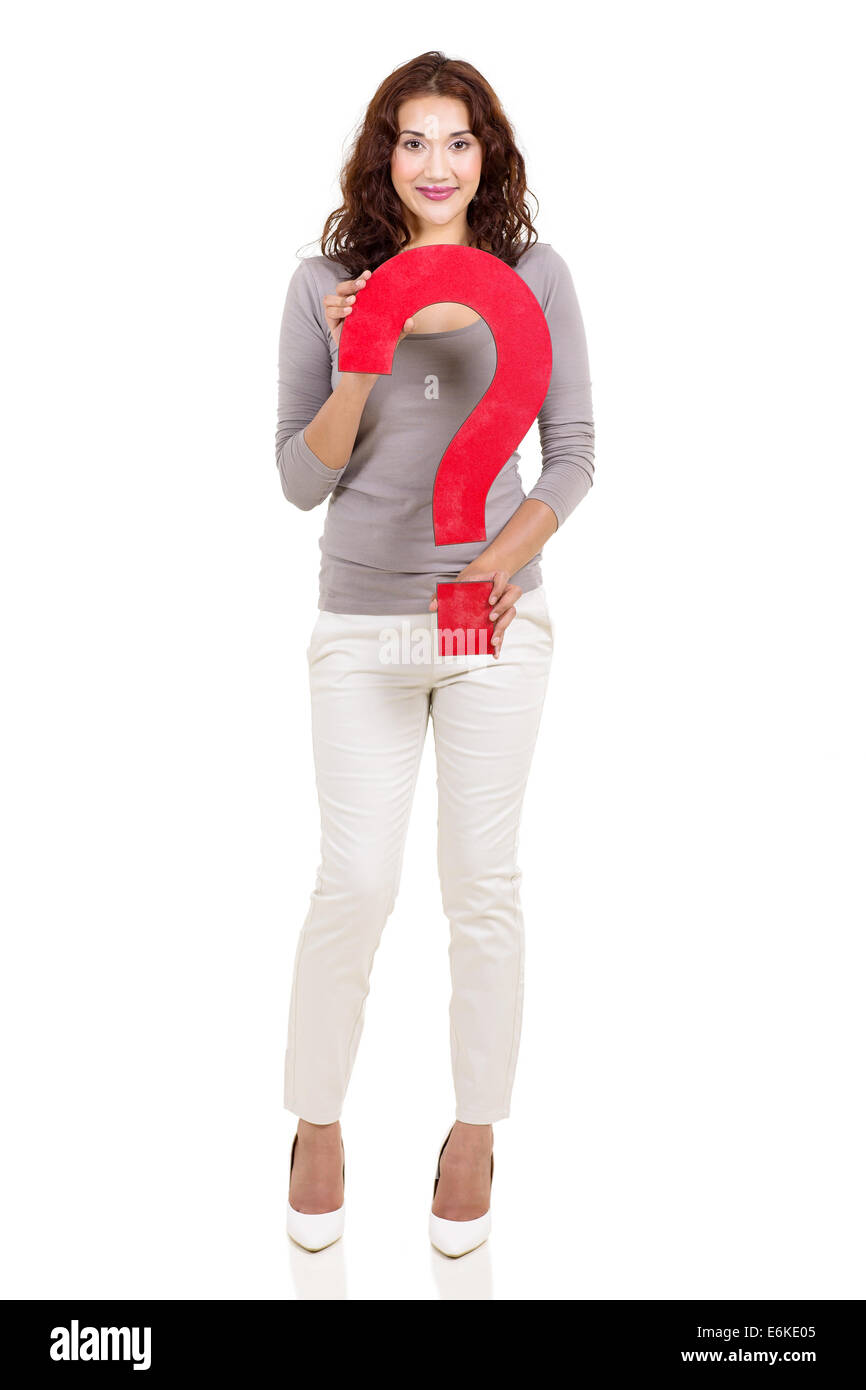 happy woman with question mark sign isolated on white Stock Photo - Alamy