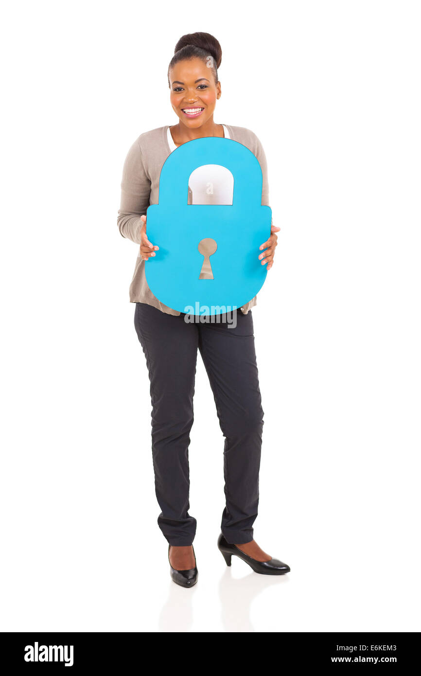 cheerful African woman holding lock symbol on white background Stock ...
