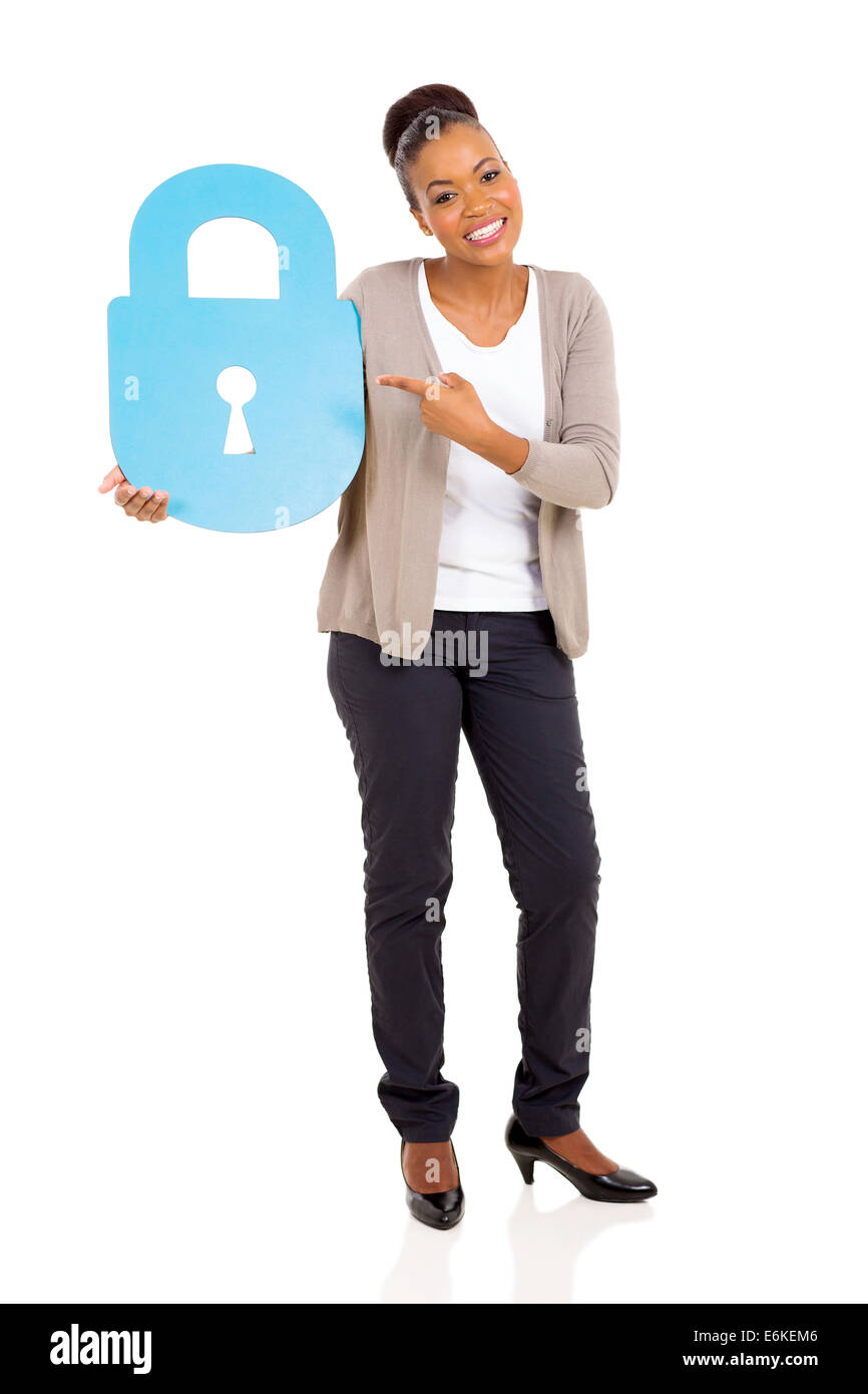 cute African woman pointing blue lock symbol isolated on white Stock ...