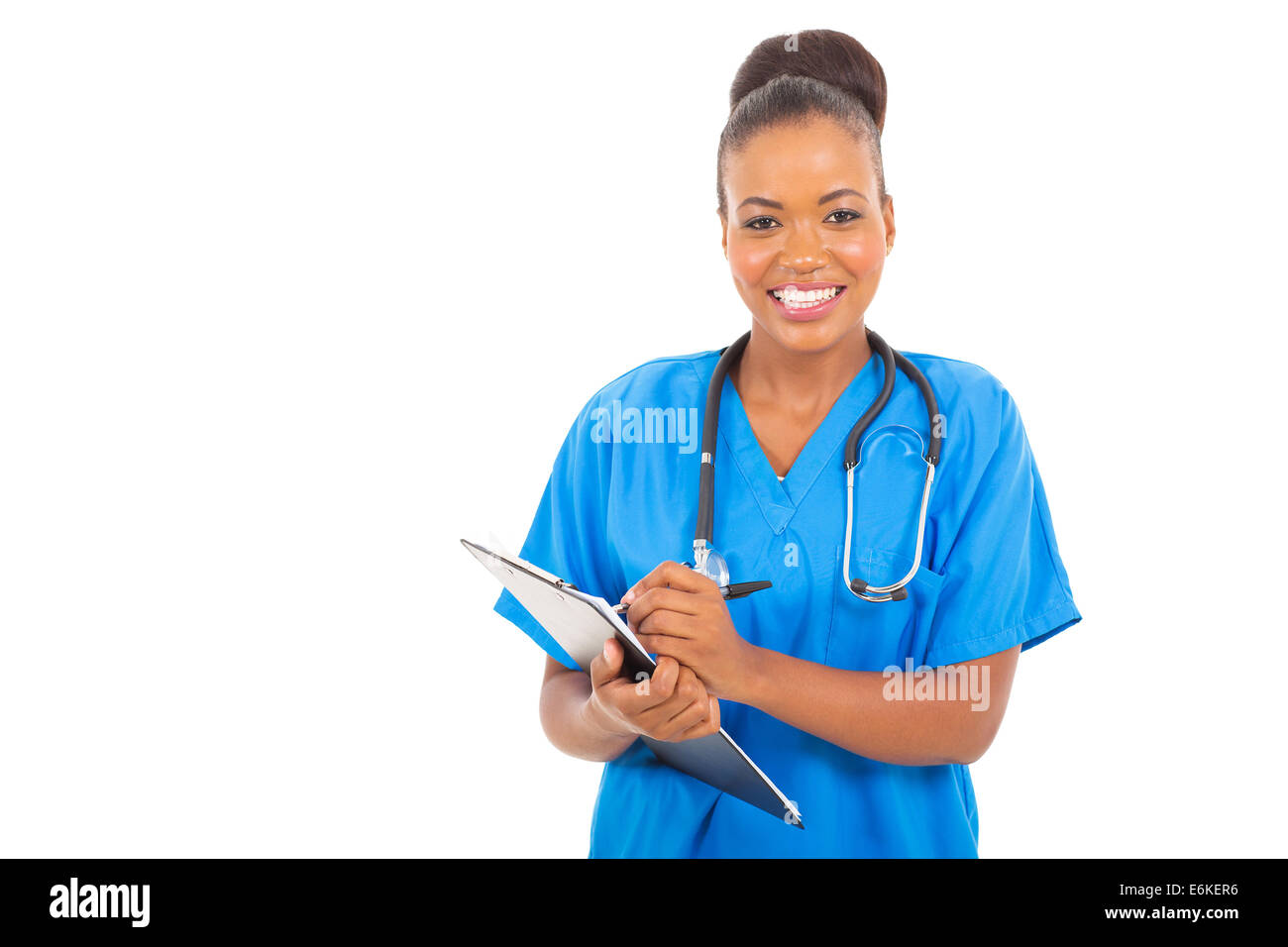 happy african medical intern doctor writing on clipboard Stock Photo ...