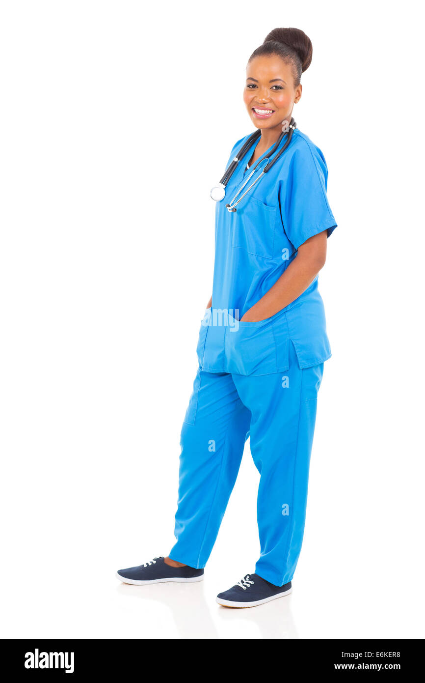 pretty young African nurse full length portrait isolated on white ...