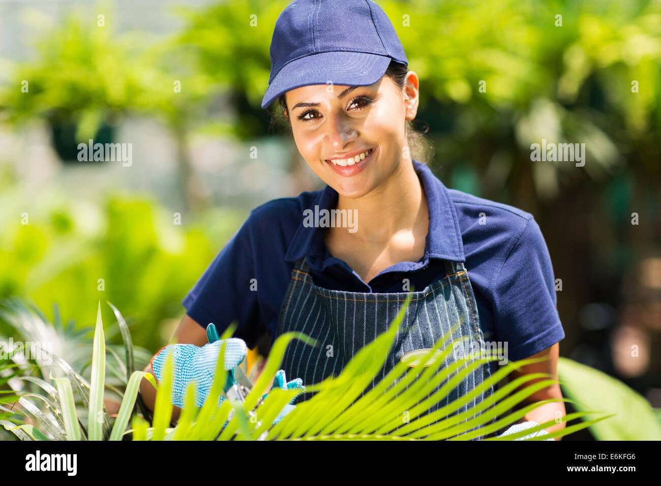 pretty female gardener working inside greenhouse Stock Photo - Alamy