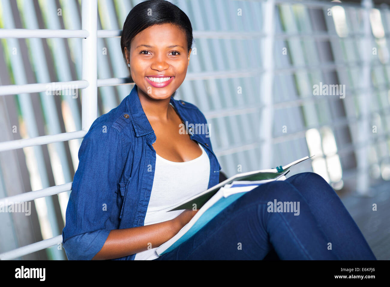 attractive female African American university student studying Stock ...