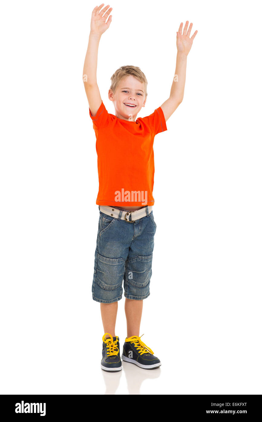excited little boy with arms up on white background Stock Photo - Alamy