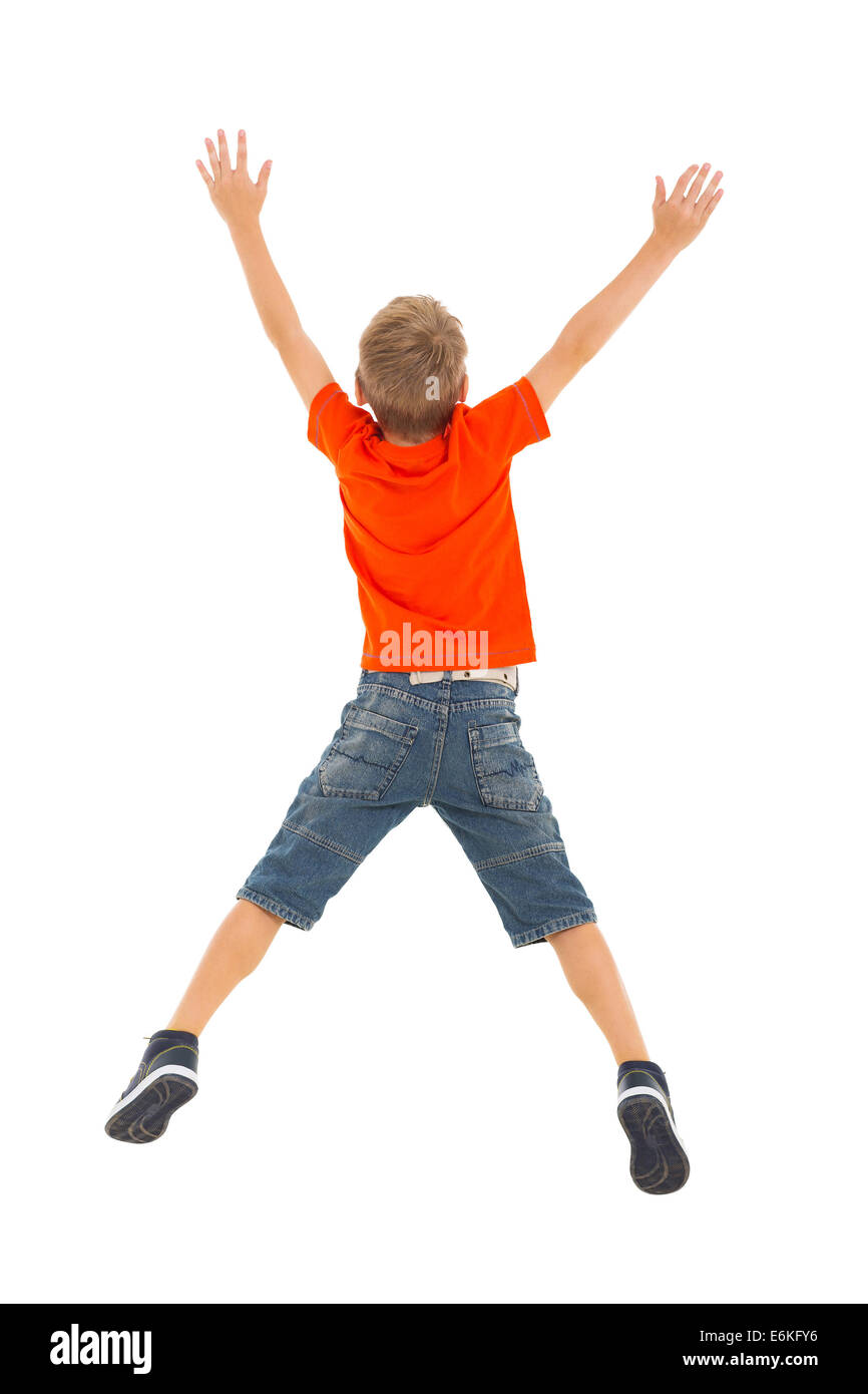 back view of little boy jumping on white background Stock Photo - Alamy