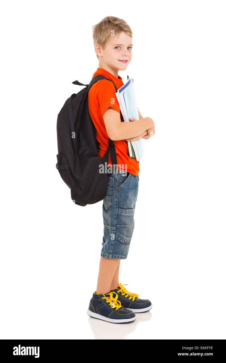 side view of male elementary school student with backpack Stock Photo ...