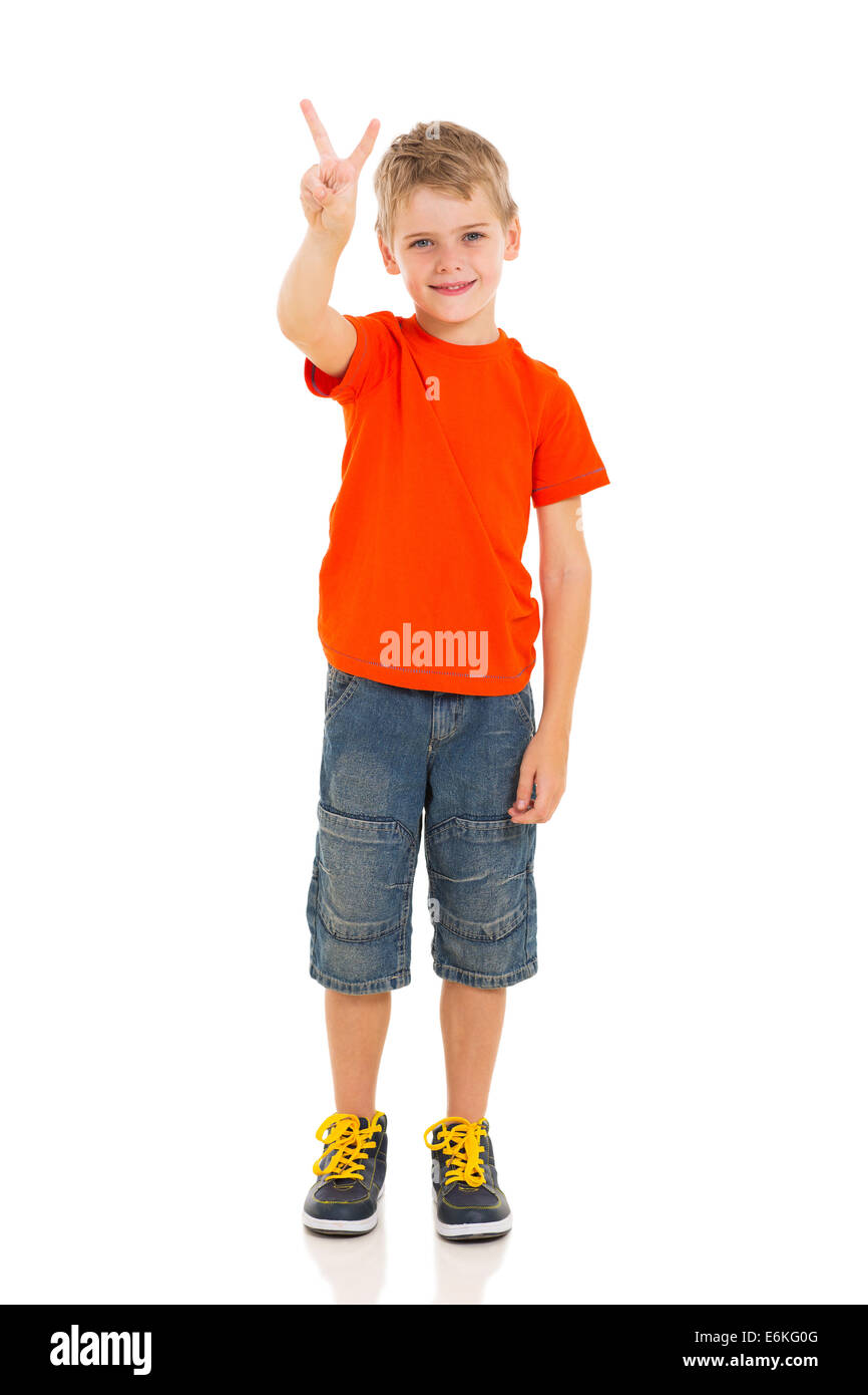 portrait of little boy showing victory hand sign Stock Photo - Alamy