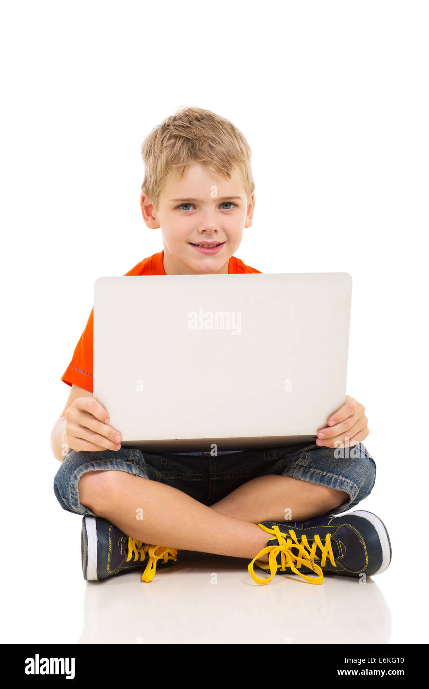 adorable boy using laptop on white background Stock Photo - Alamy