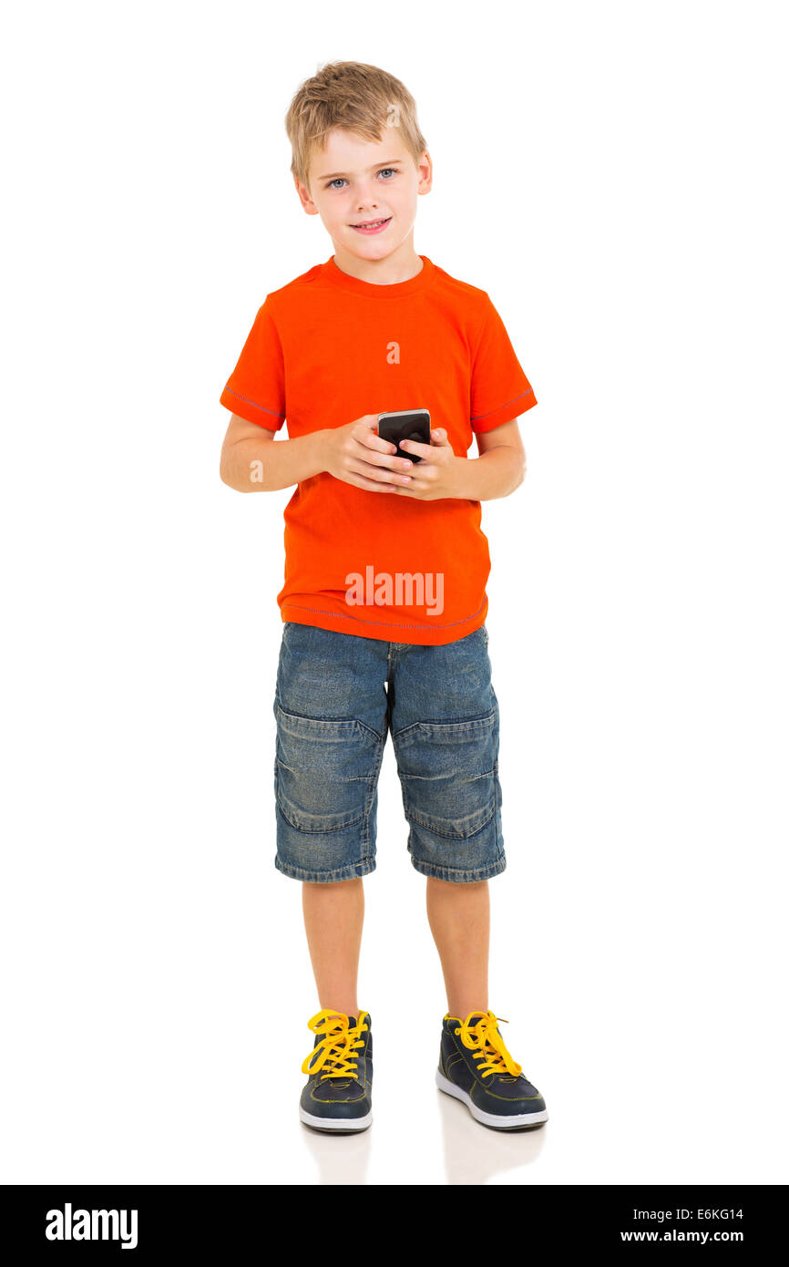 full length portrait of cute boy holding smart phone Stock Photo - Alamy