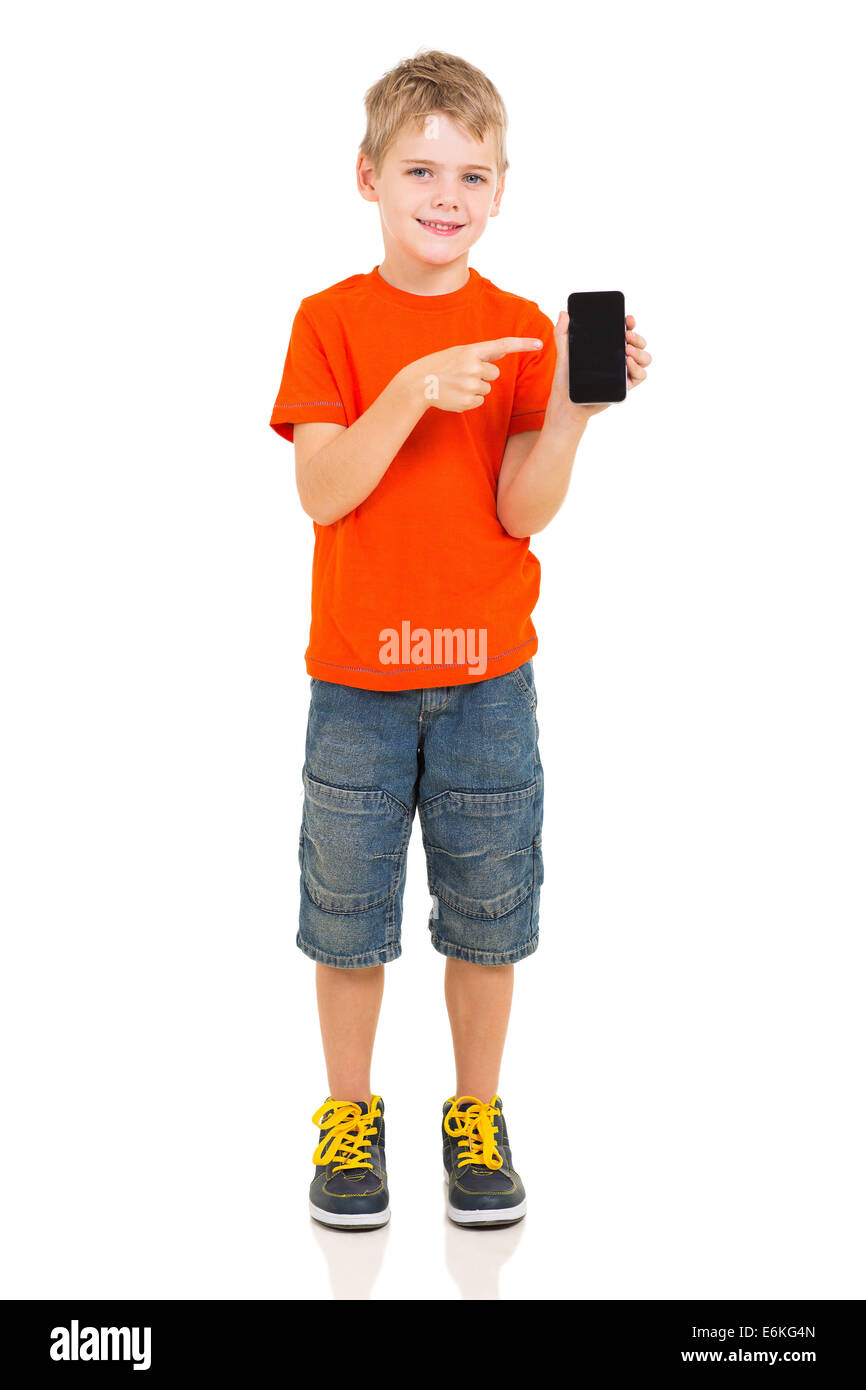 cute boy pointing at smart phone on white background Stock Photo - Alamy