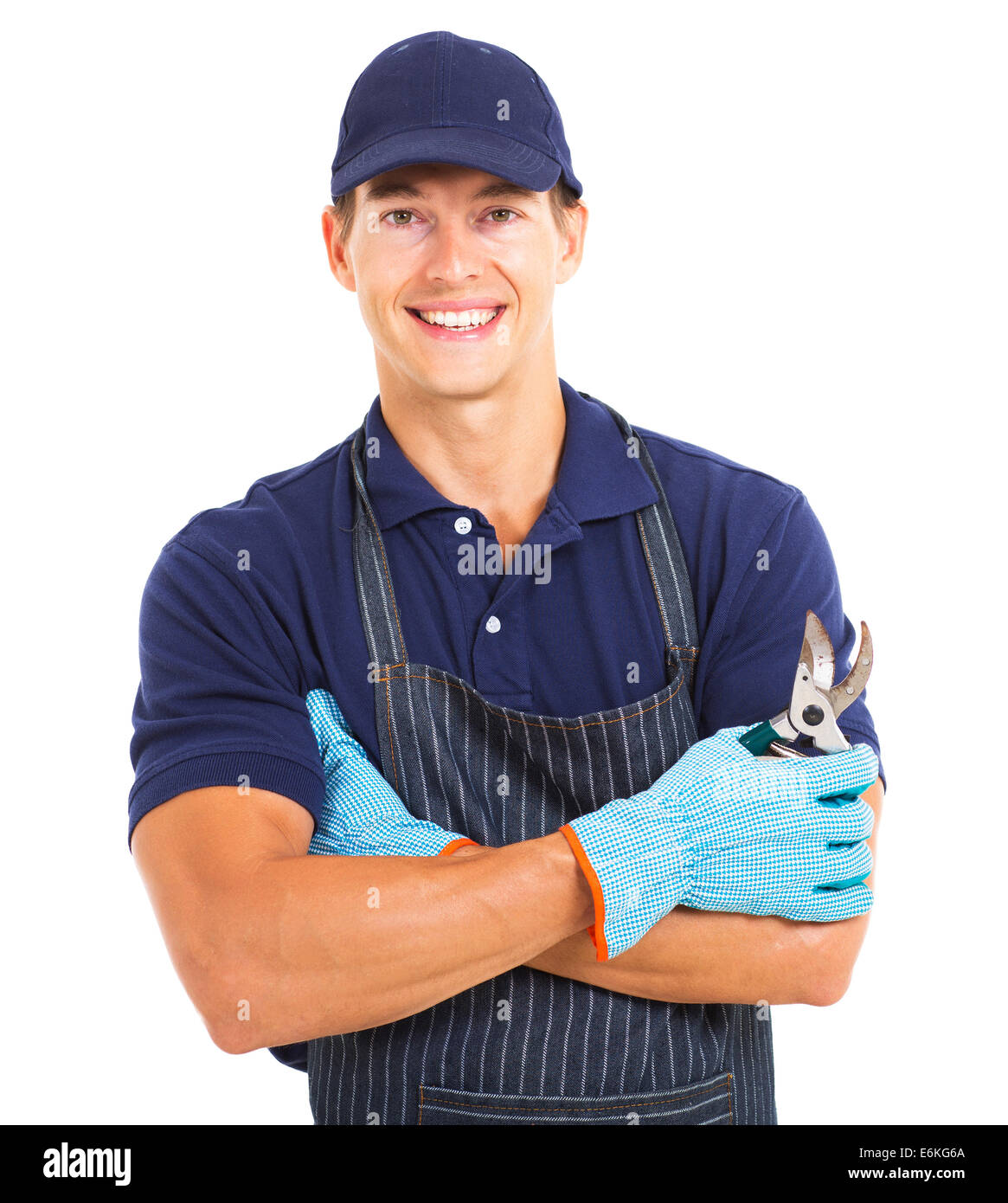 happy male florist with pruner isolated on white background Stock Photo ...