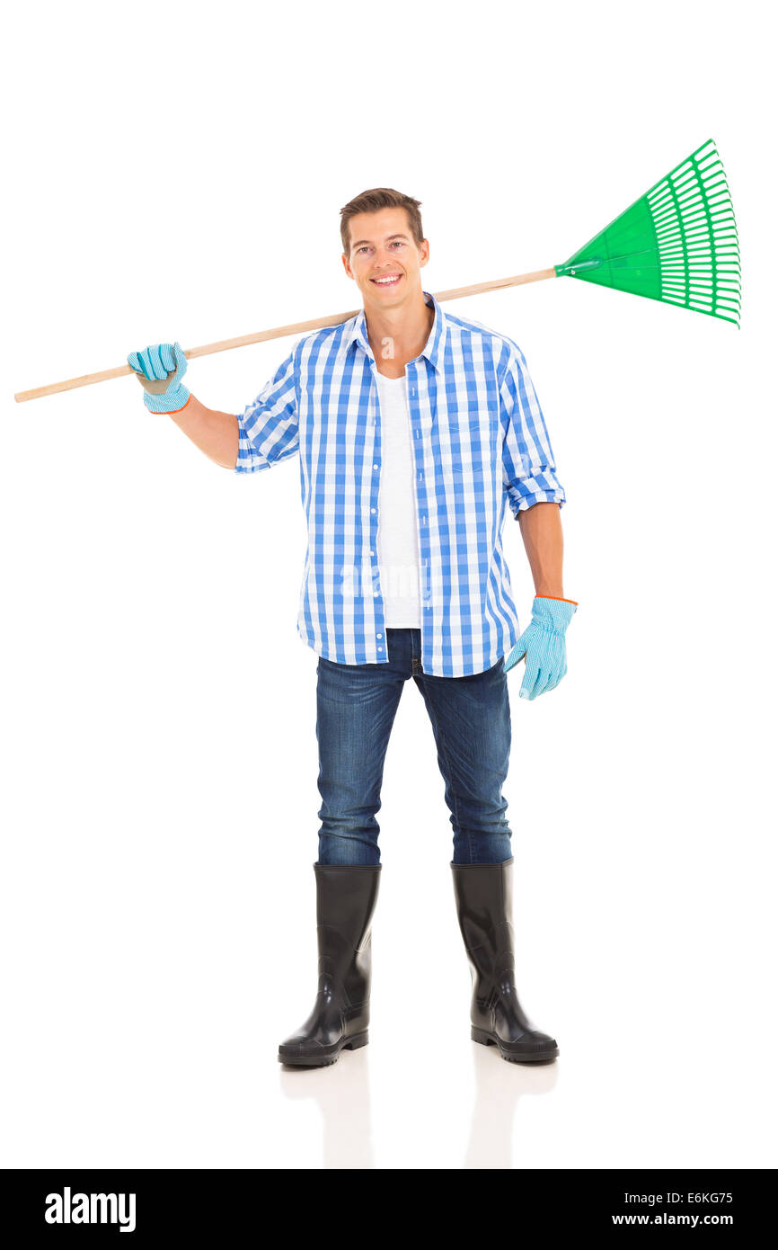 cute man carrying fan rake over his shoulders Stock Photo - Alamy
