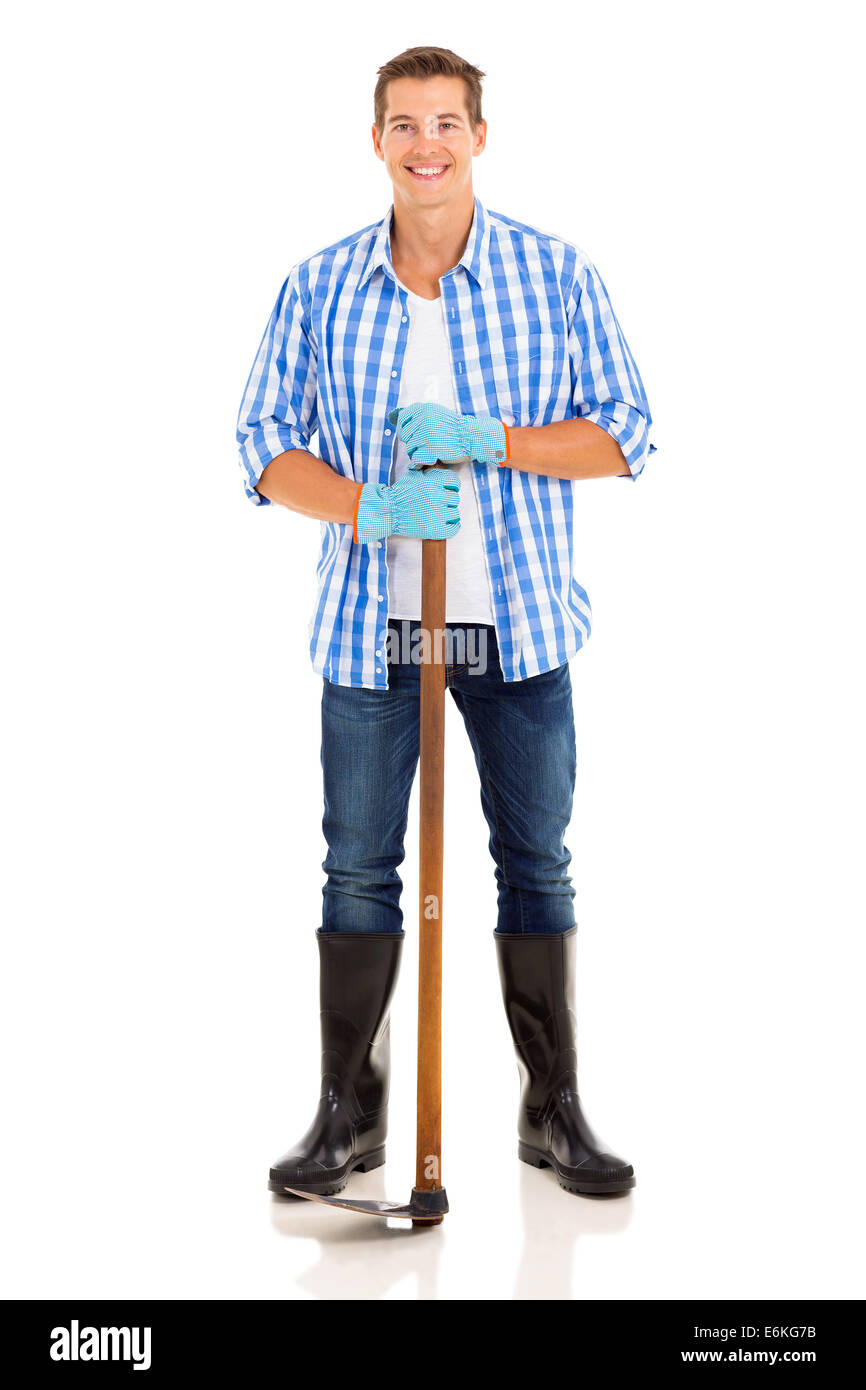 cheerful gardener standing with hoe on white background Stock Photo - Alamy