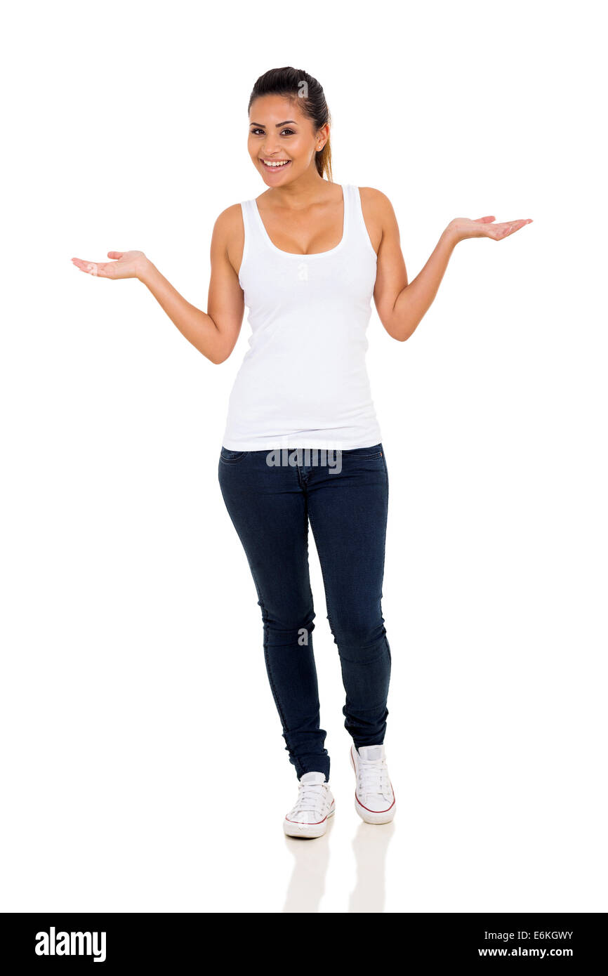 beautiful young woman standing on white background Stock Photo - Alamy